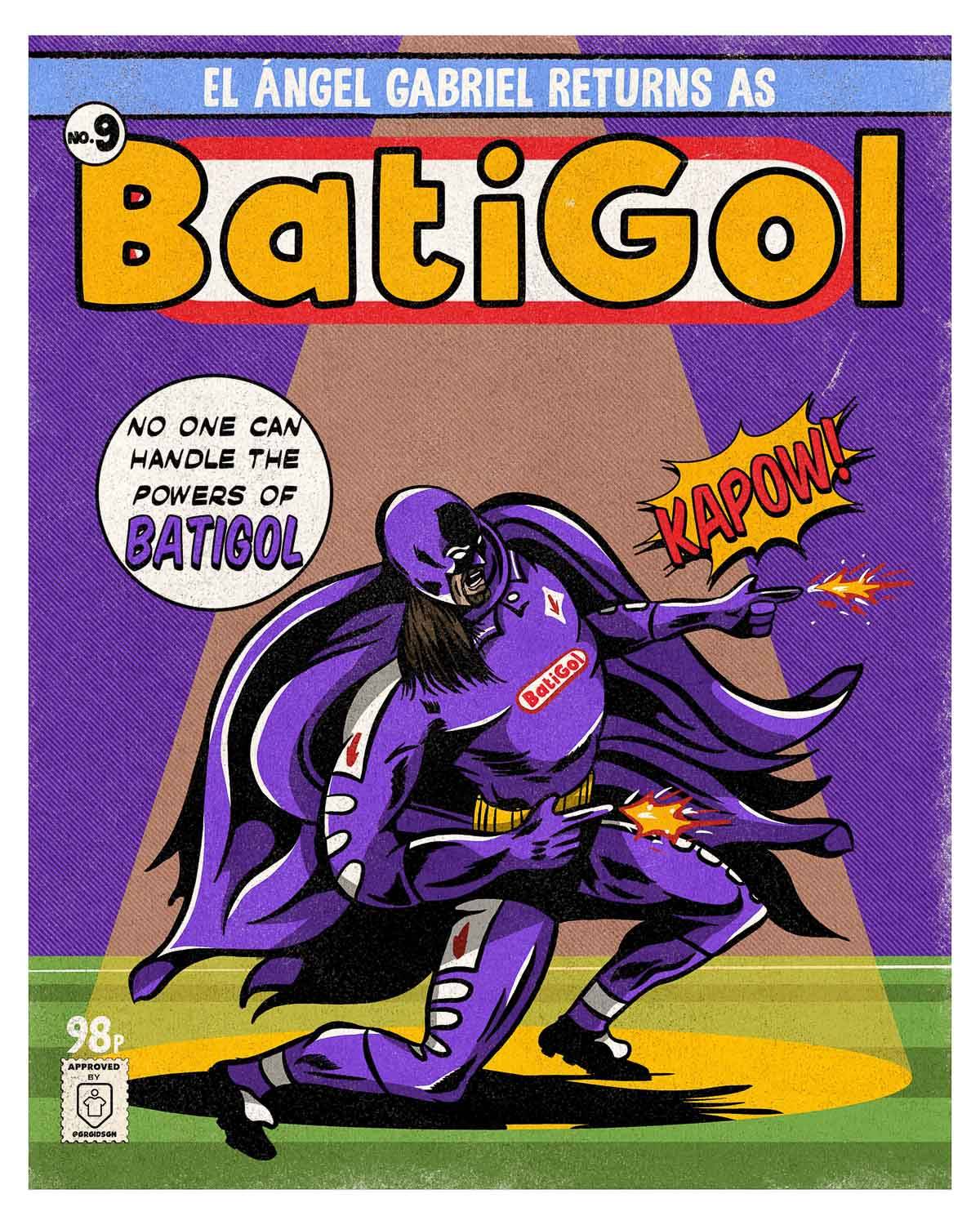 1998-99 Gabriel Batistuta 'Batigol' Comic Book Superheroes A3 Print/Poster