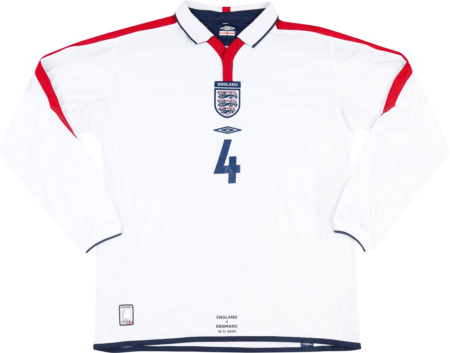 2003 England Match Worn Home L/S Shirt Butt #4 (v Denmark)