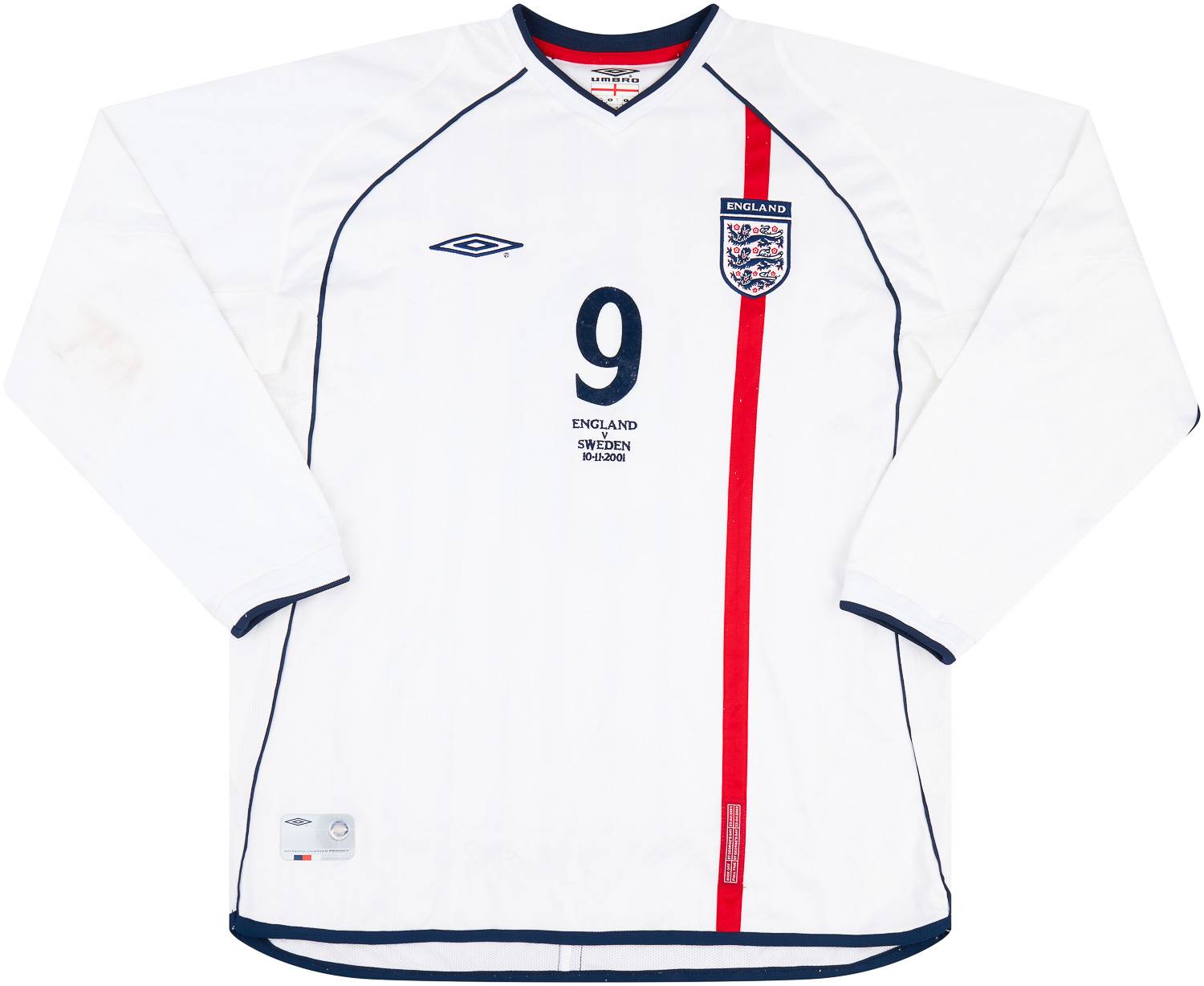2001 England Match Worn Home L/S Shirt Heskey #9 (v Sweden)